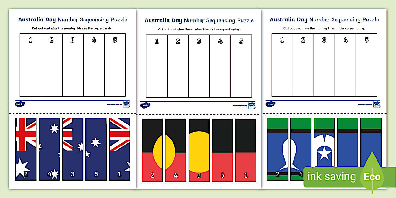 Australia Day Number Sequencing Puzzle - EYLF - Twinkl