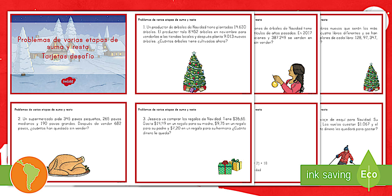 Tarjetas desafio: Problemas de varias etapas de sumas y restas - Navidad