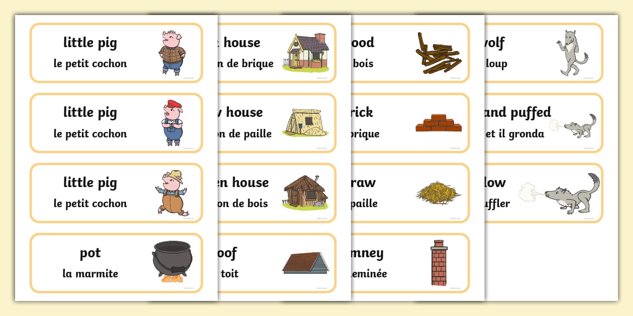 The Three Little Pigs Word Cards French Translation - Twinkl