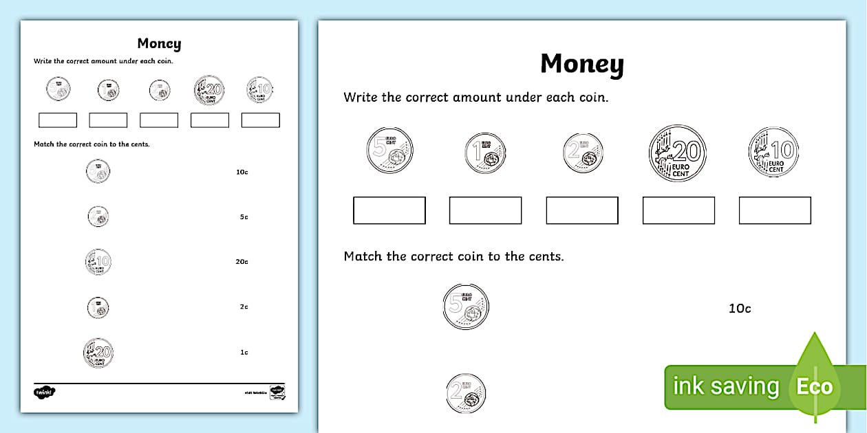 Money Matching Worksheet | Junior and Senior Infant Maths