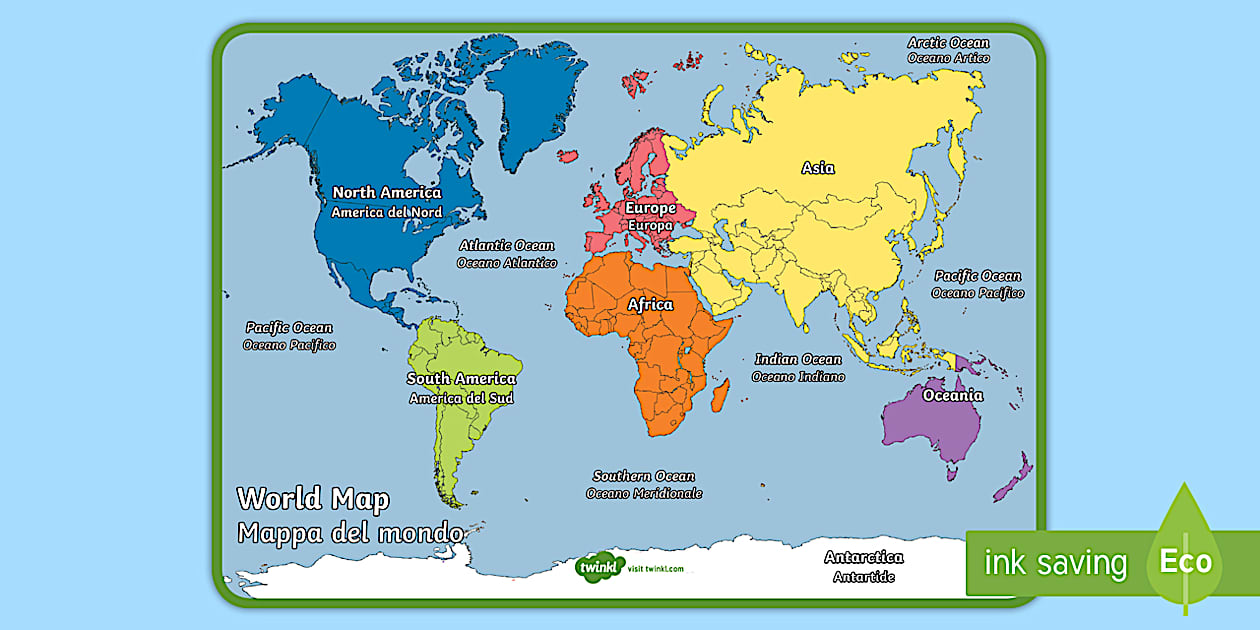 World Map with Names Display Poster English/Italian - World Map To Label