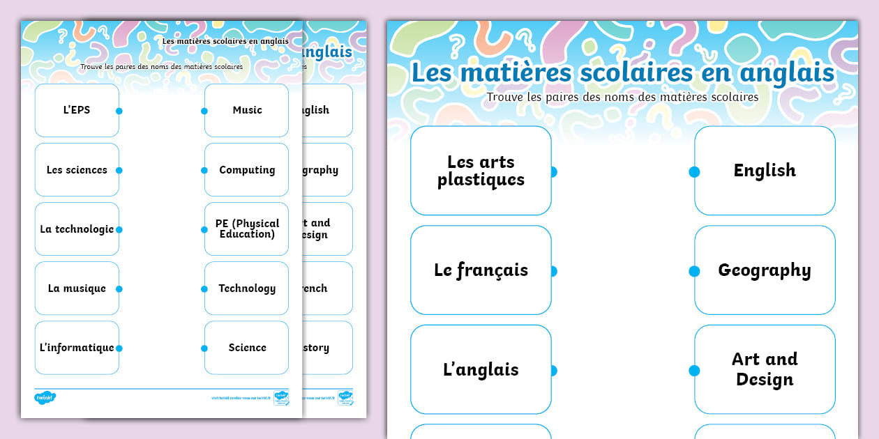 Activité de paires : Les matières scolaires en anglais