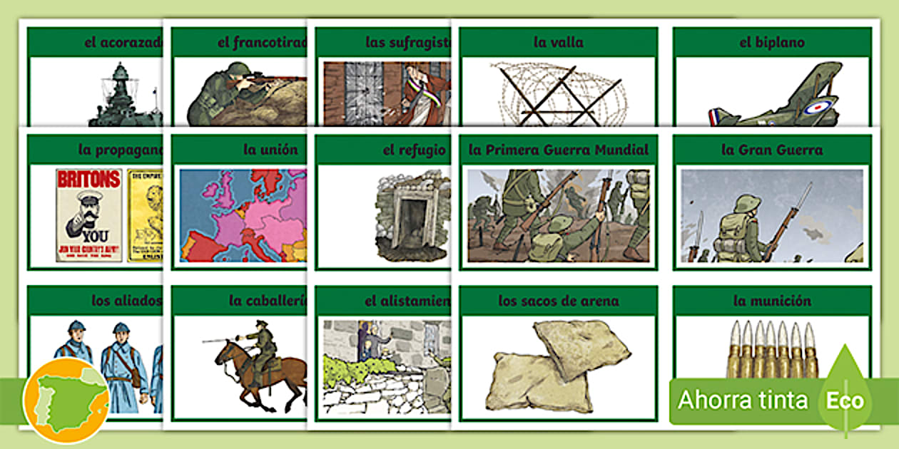 Tarjetas: Vocabulario de la Primera Guerra Mundial - Twinkl