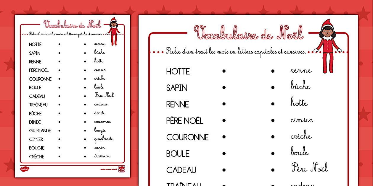 Vocabulaire de Noël en lettres capitales et cursives