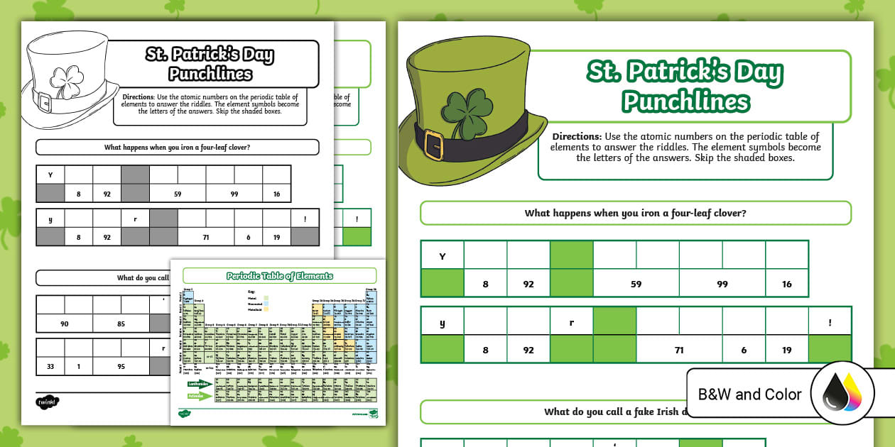 St. Patrick's Day Periodic Table Decoder Challenge for 6-8
