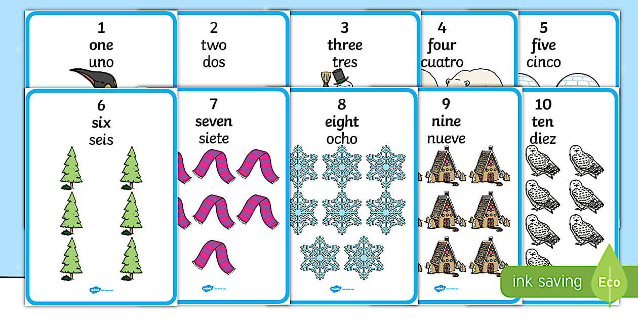 Winter Themed Words & Numbers (1-10) Display Posters - English/Spanish