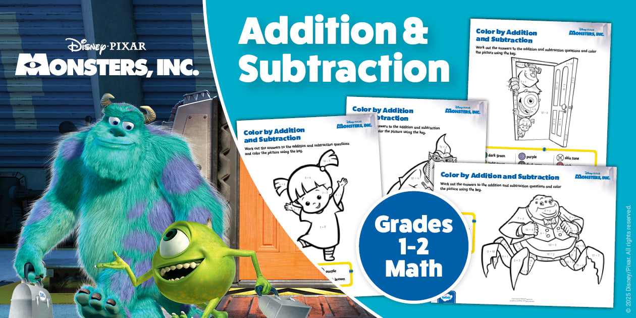 Monsters, Inc.: Color by Add and Subtract Within 20 Sheets