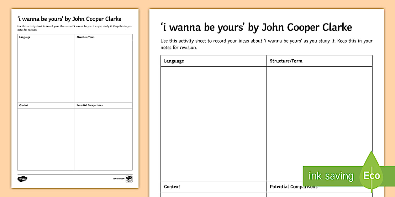 GCSE 'i wanna be yours' by John Cooper Clarke At A Glance Worksheet