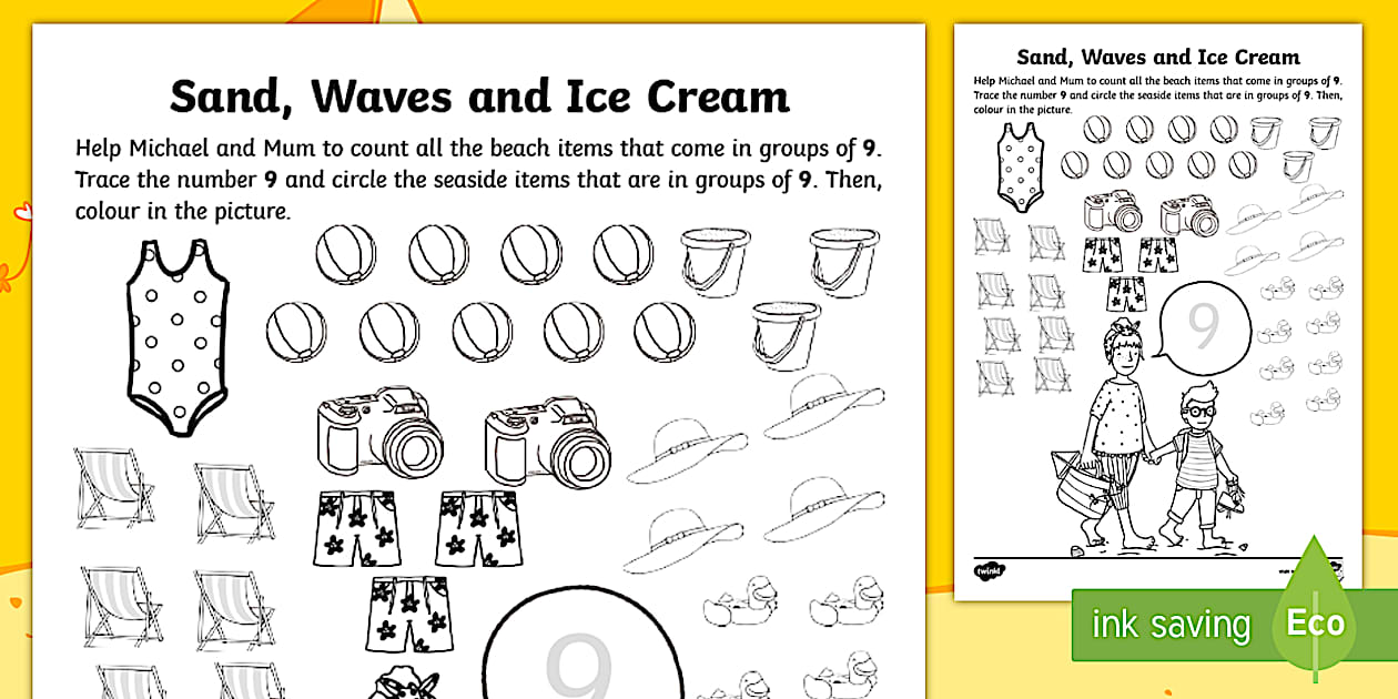 Sand, Waves and Ice Cream Number 9 Counting Worksheet / Worksheet