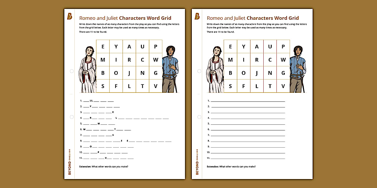 Romeo and Juliet Characters Word Grid Game - Twinkl