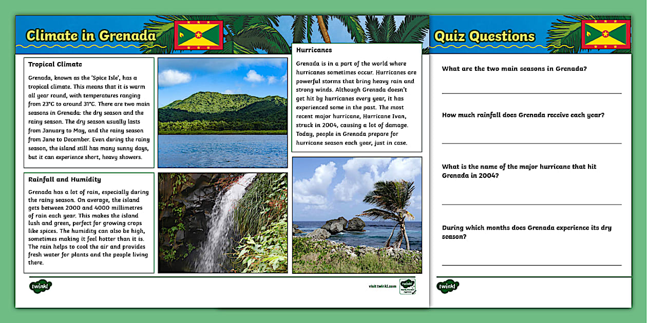 The Climate in Grenada Fact File and Quiz (teacher made)