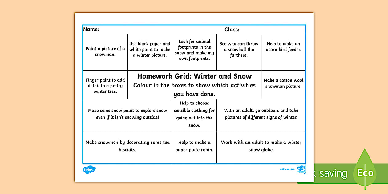 Winter and Snow CfE Homework Grid (teacher made) - Twinkl