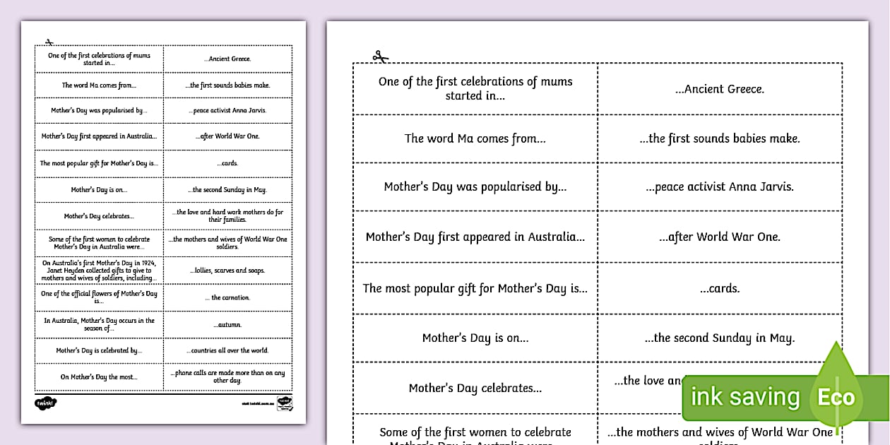 History of Mother's Day Match a Fact Game