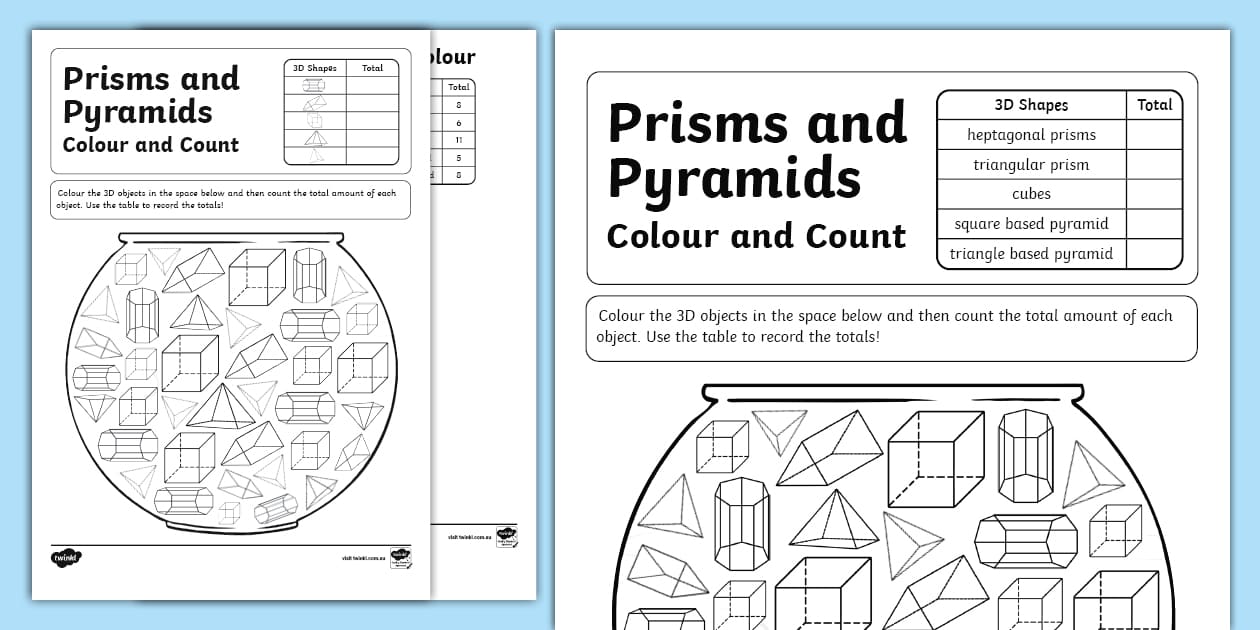 Prisms and Pyramids Colour and Count Worksheet - Twinkl