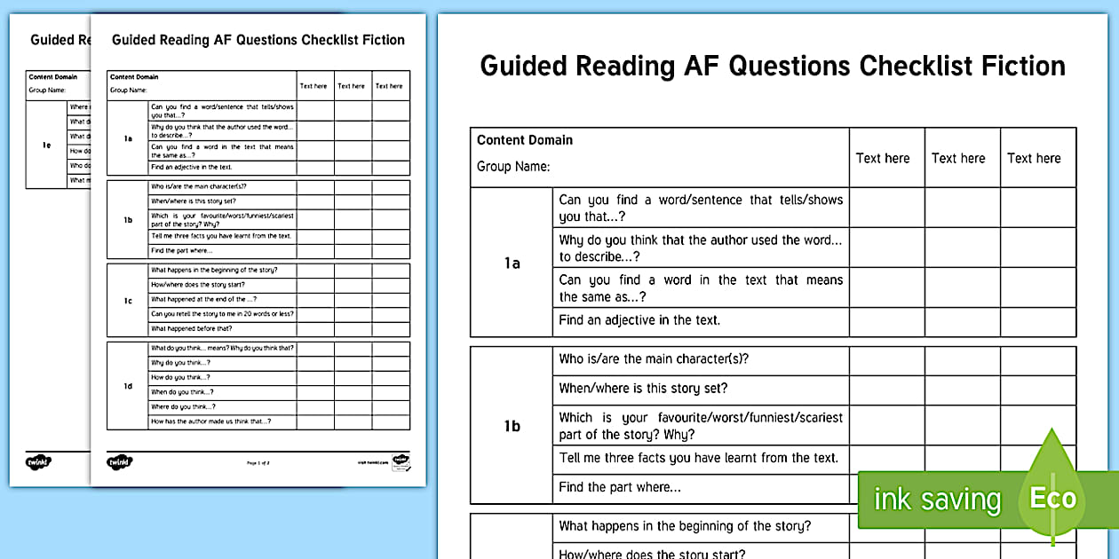 Editable Guided Reading AF Questions Checklists Fiction