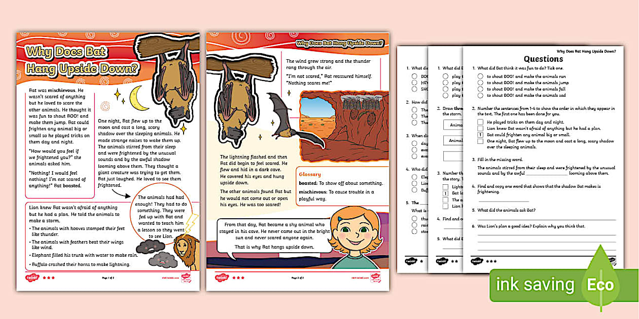 KS1 Why Does Bat Hang Upside Down? Differentiated Reading Comprehension