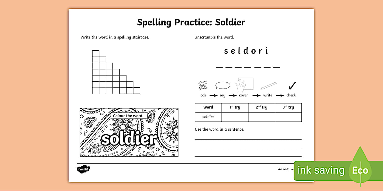 Soldier Spelling Practice Worksheet (Teacher-Made) - Twinkl