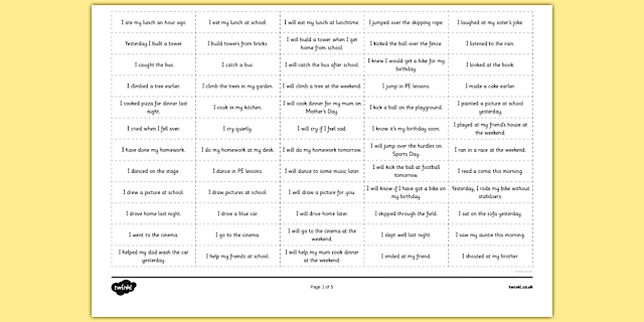 Cursive Simple Verbs Past, Present and Future Sorting Sentences
