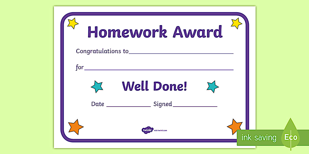 Editable Homework Award A5 Certificate - Twinkl