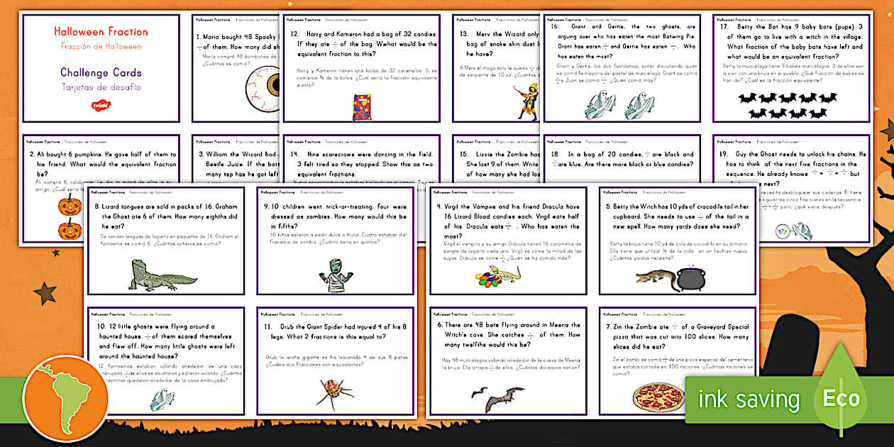 Halloween Fractions Challenge Cards English/ Spanish