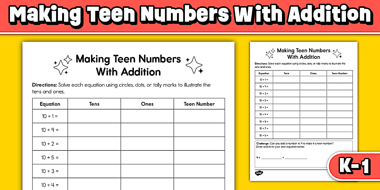 Making Teen Numbers With Addition Worksheet for K-1st Grade