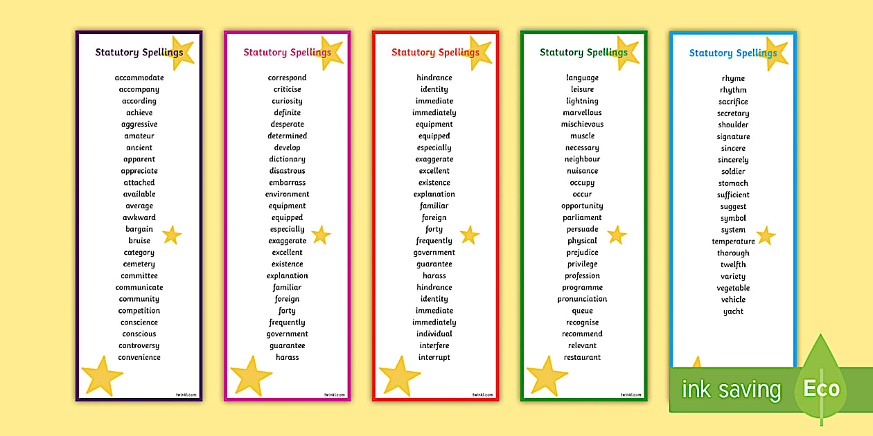 Statutory Spellings Year 5 and 6 on Bookmarks (teacher made)