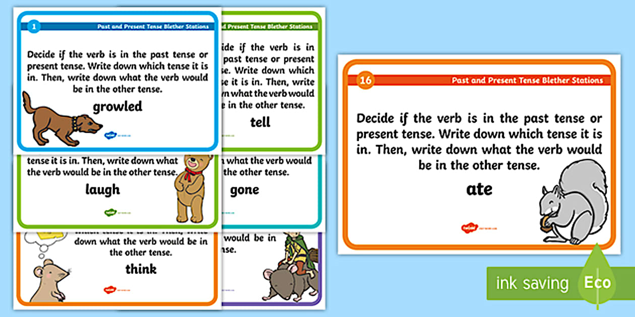 Past and Present Tense Verbs Blether Stations - Twinkl