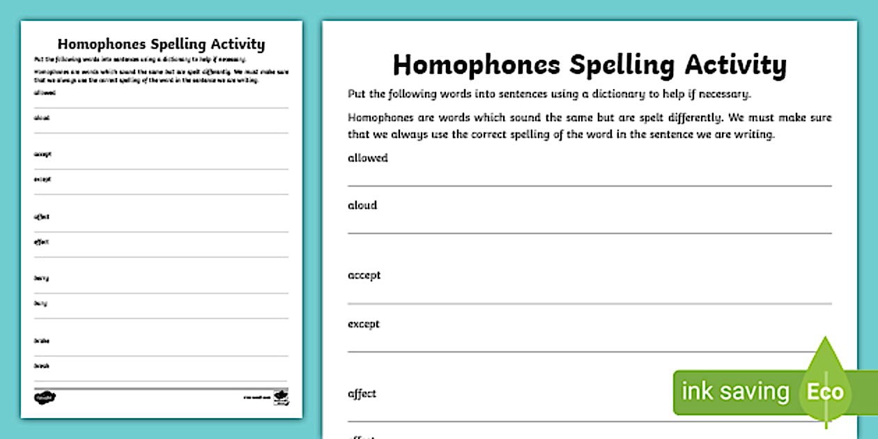 Homophones Spelling Activity (teacher made) - Twinkl