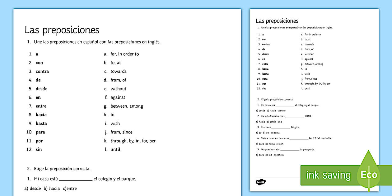 Prepositions Worksheet / Worksheet Spanish - Twinkl