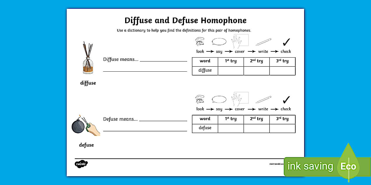 Diffuse and Defuse Homophone Worksheet - Twinkl