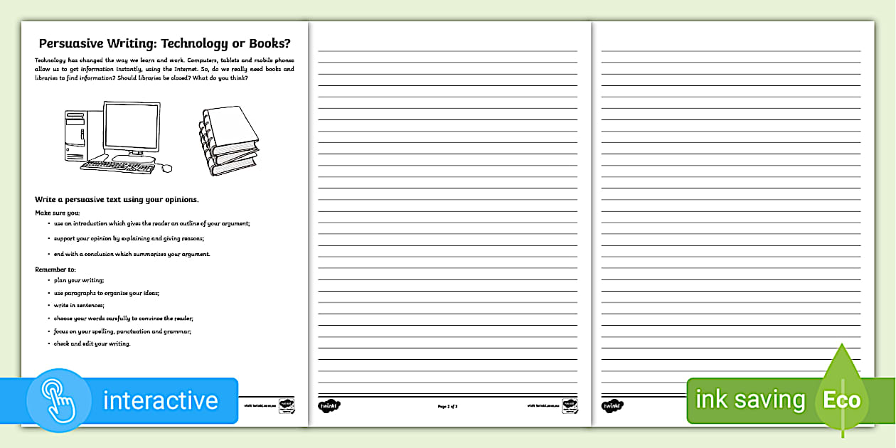 NAPLAN Persuasive Prompts: Technology or Books | Twinkl