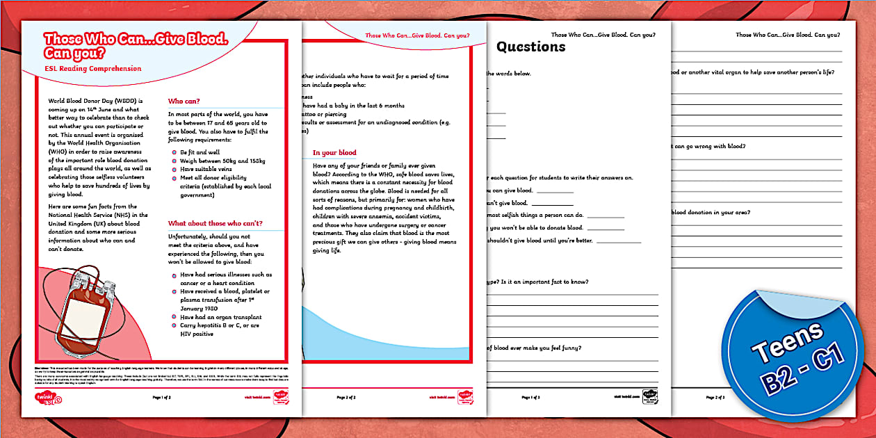 ESL Reading: Those Who Can...Give Blood [Teens, B2-C1]