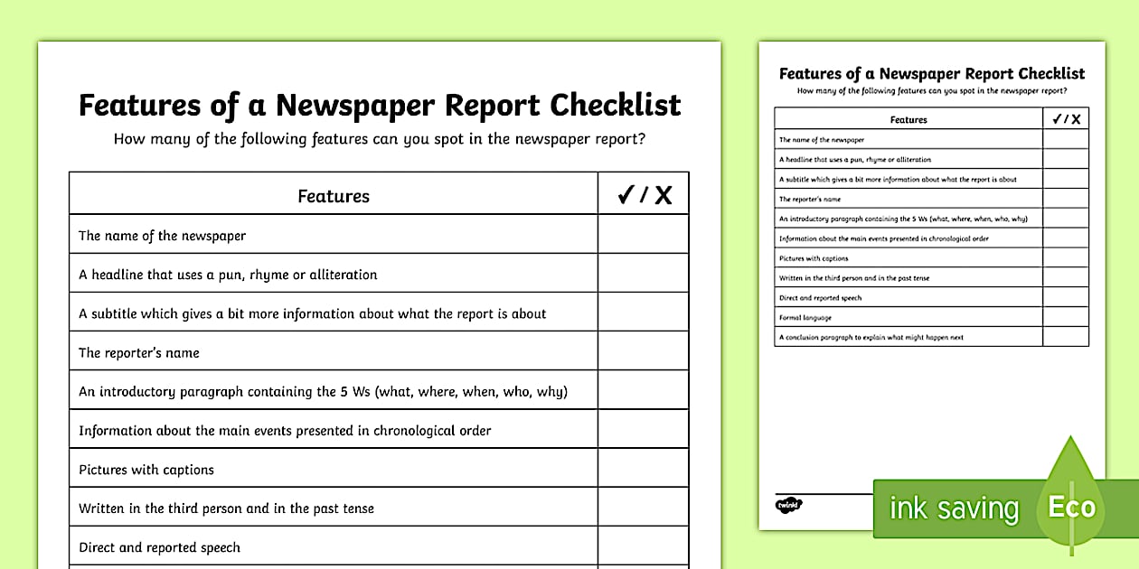 Features of a Newspaper article Checklist (teacher made)