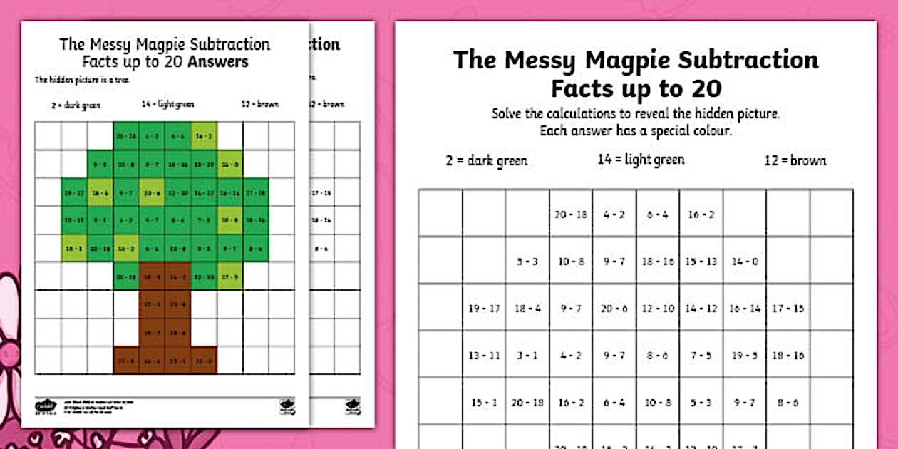 KS1 The Messy Magpie Subtraction Facts up to 20 Maths Mosaic Worksheet