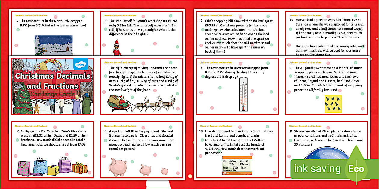 Christmas Decimals and Fractions - Challenge Cards for Kids