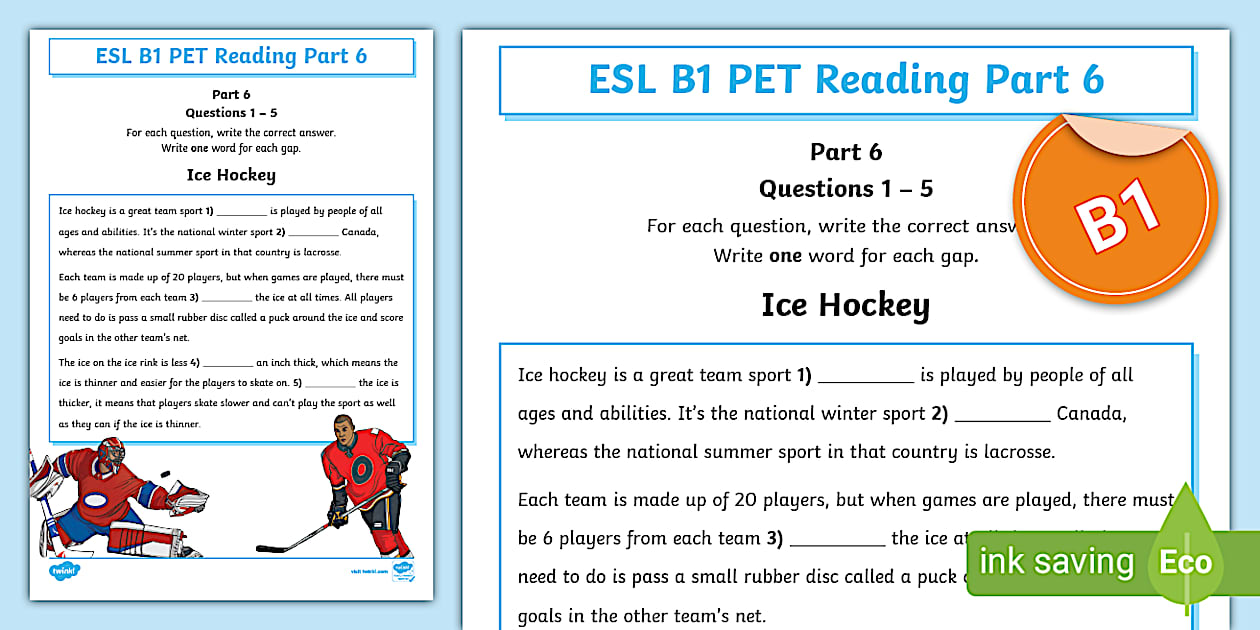 ESL B1 PET Reading Part 6 Worksheet (Hockey) (teacher made)