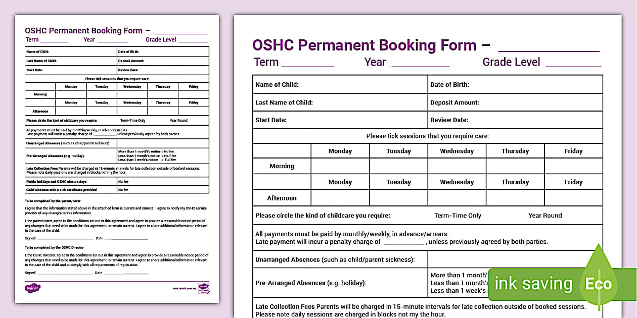 OSHC Editable Permanent Booking Form | Australia