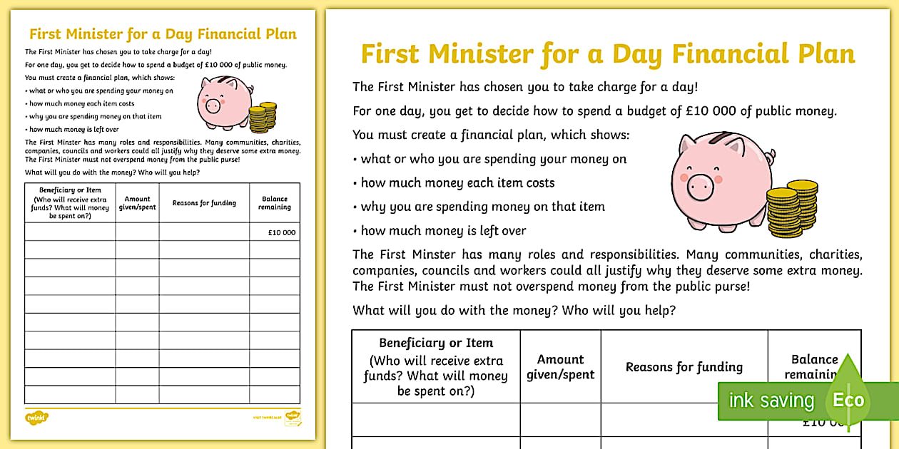 First Minister for a Day Financial Plan Worksheet - Twinkl