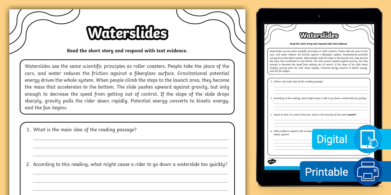 Prove It! Waterslides Text Evidence Worksheet for 6th-8th Grade