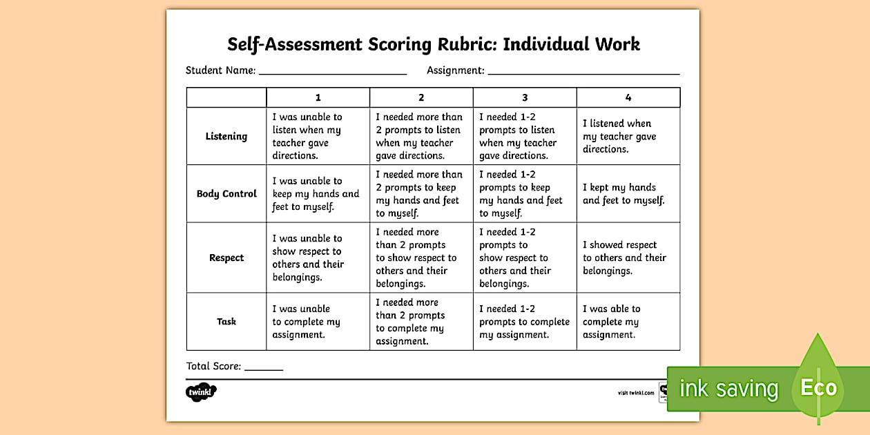 Individual Work Self-Assessment Rubric - Twinkl