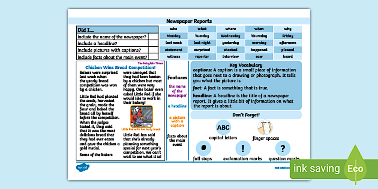 KS1 Writing: Newspaper Reports Knowledge Organiser - Twinkl