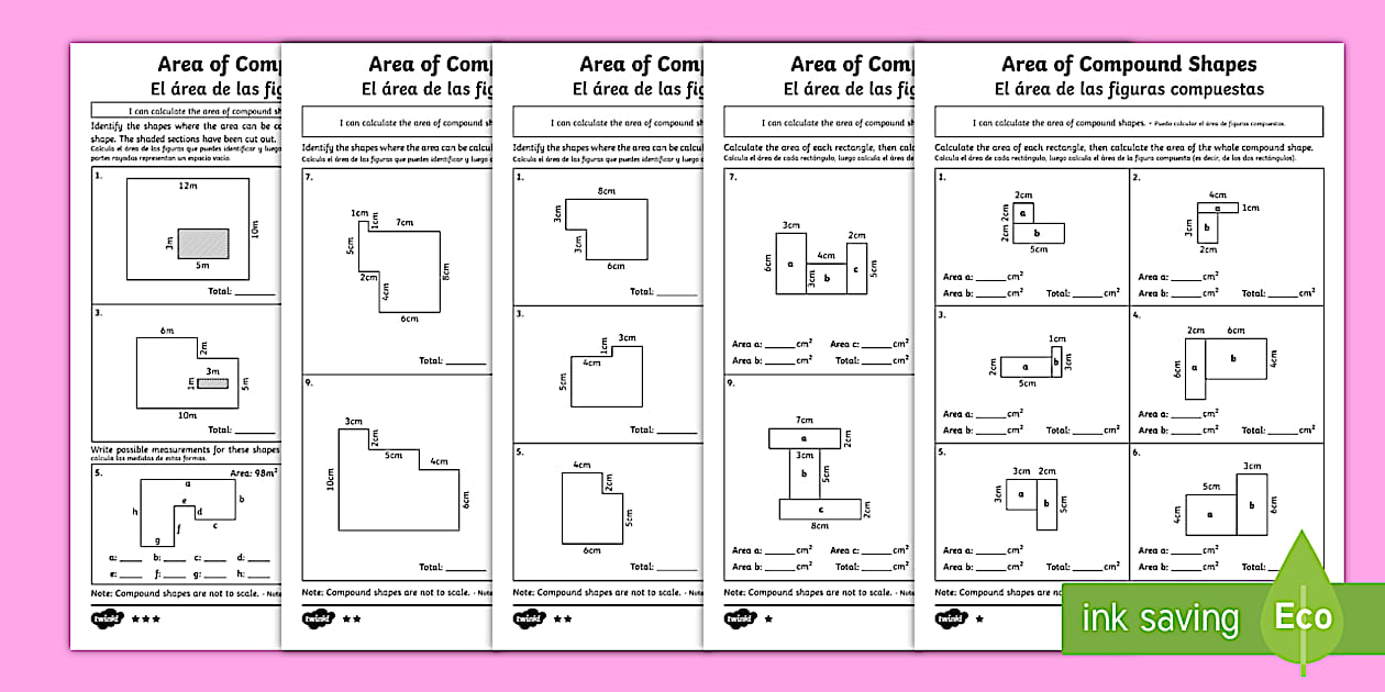 Area of Composite Rectilinear Shapes Worksheets English/Spanish