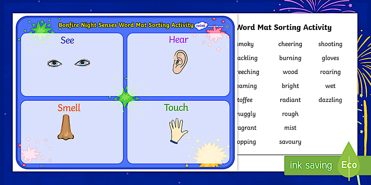 Precursive Bonfire Night Senses Word Mat Sorting Activity