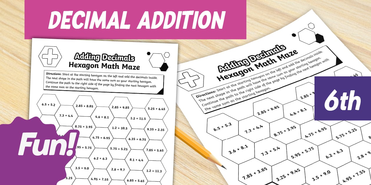 Sixth Grade Adding Decimals Hexagon Math Maze (teacher made)