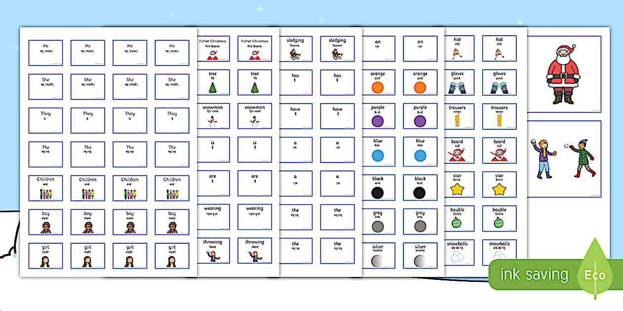 Winter Pictures with Matching Sentence Building Cards English/Hindi