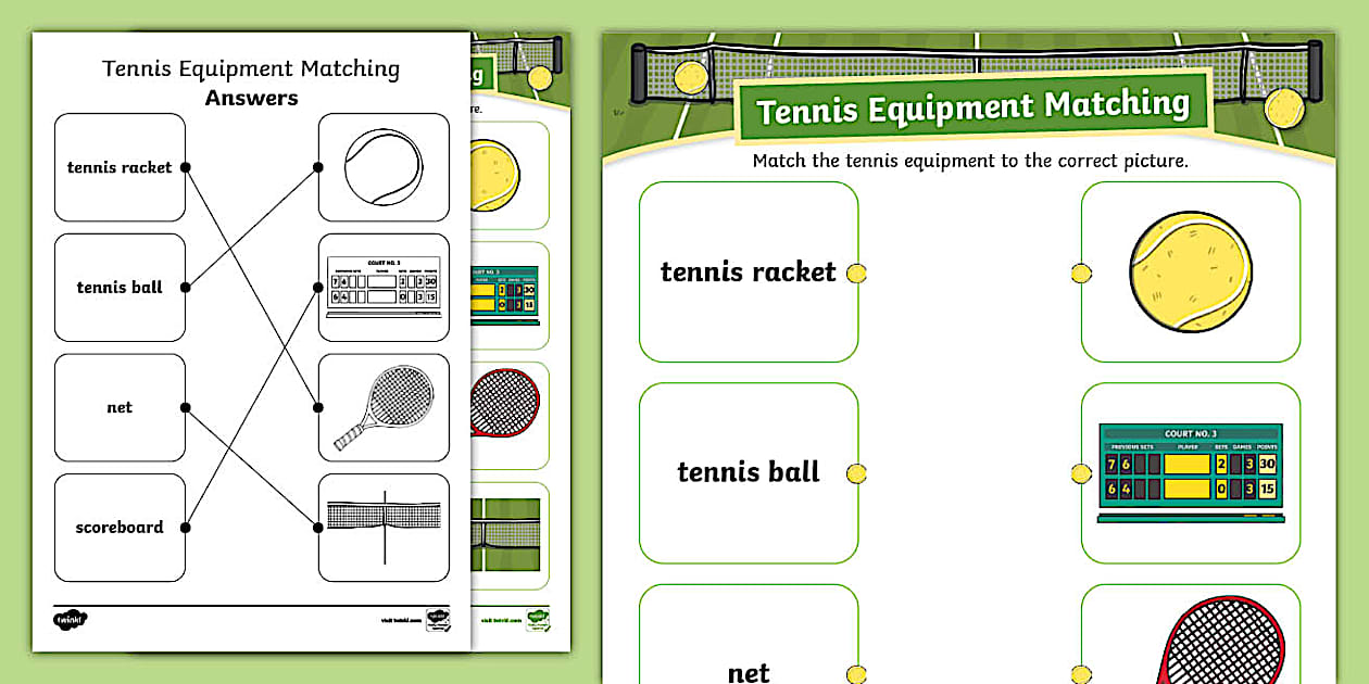 Tennis Equipment Matching Worksheet - Twinkl