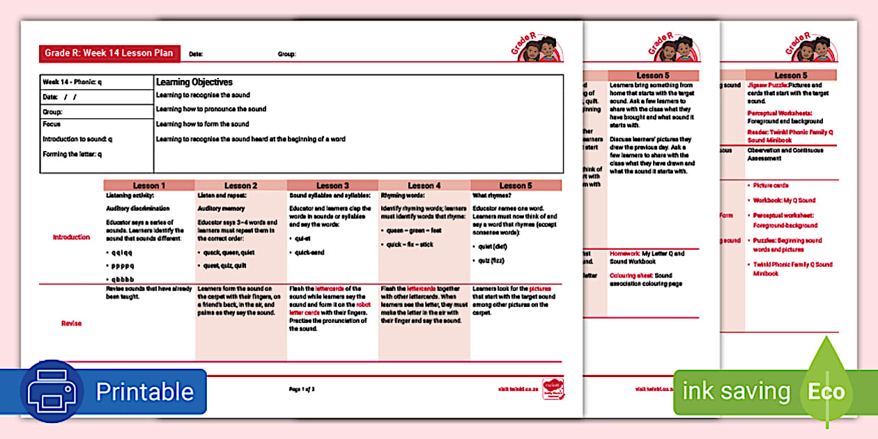 Gr. R Phonics Q Lesson Plan Week 14 (teacher made) - Twinkl
