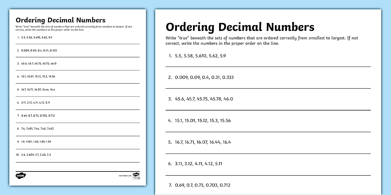 Ordering Numbers: Decimals True or False Worksheet - Twinkl