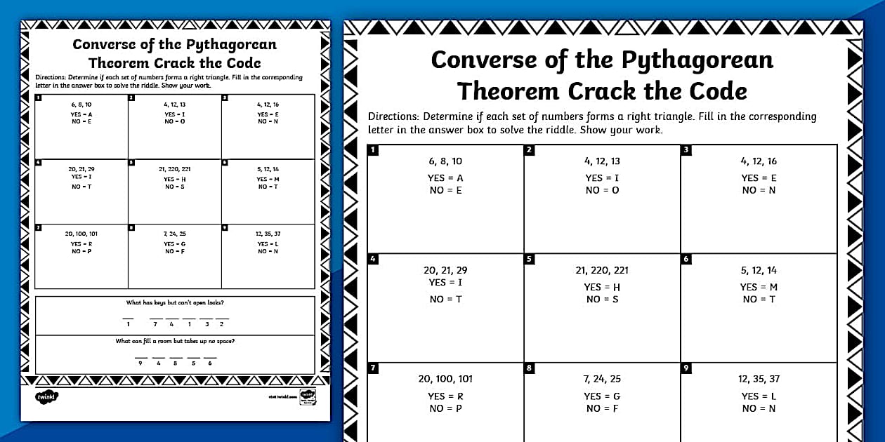 Eighth Grade Converse of the Pythagorean Theorem Crack the Code Worksheet