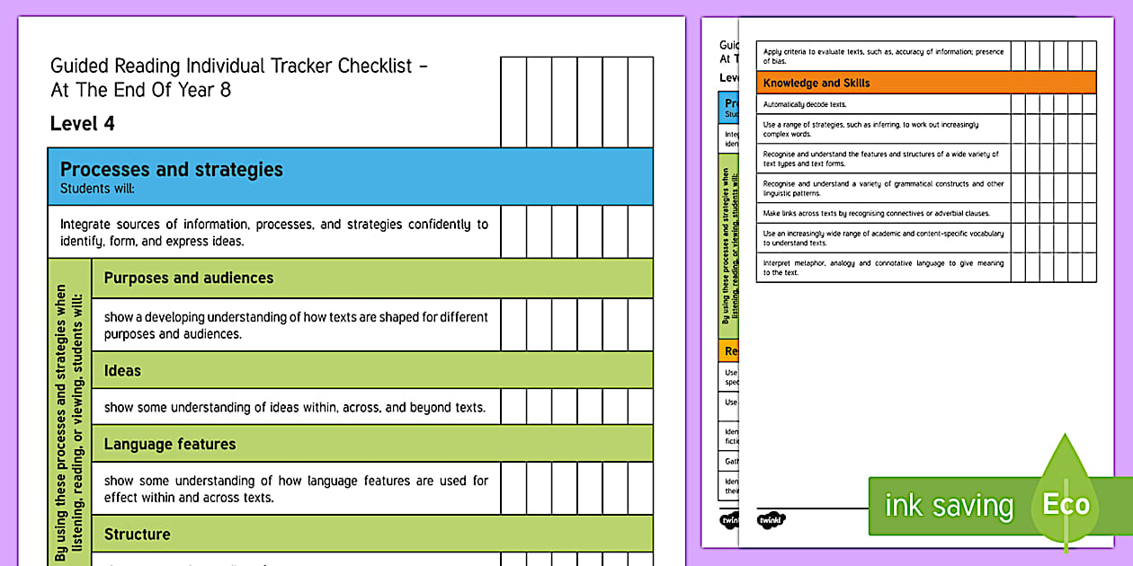 New Zealand End of Year 8 Reading Individual Tracker Checklist